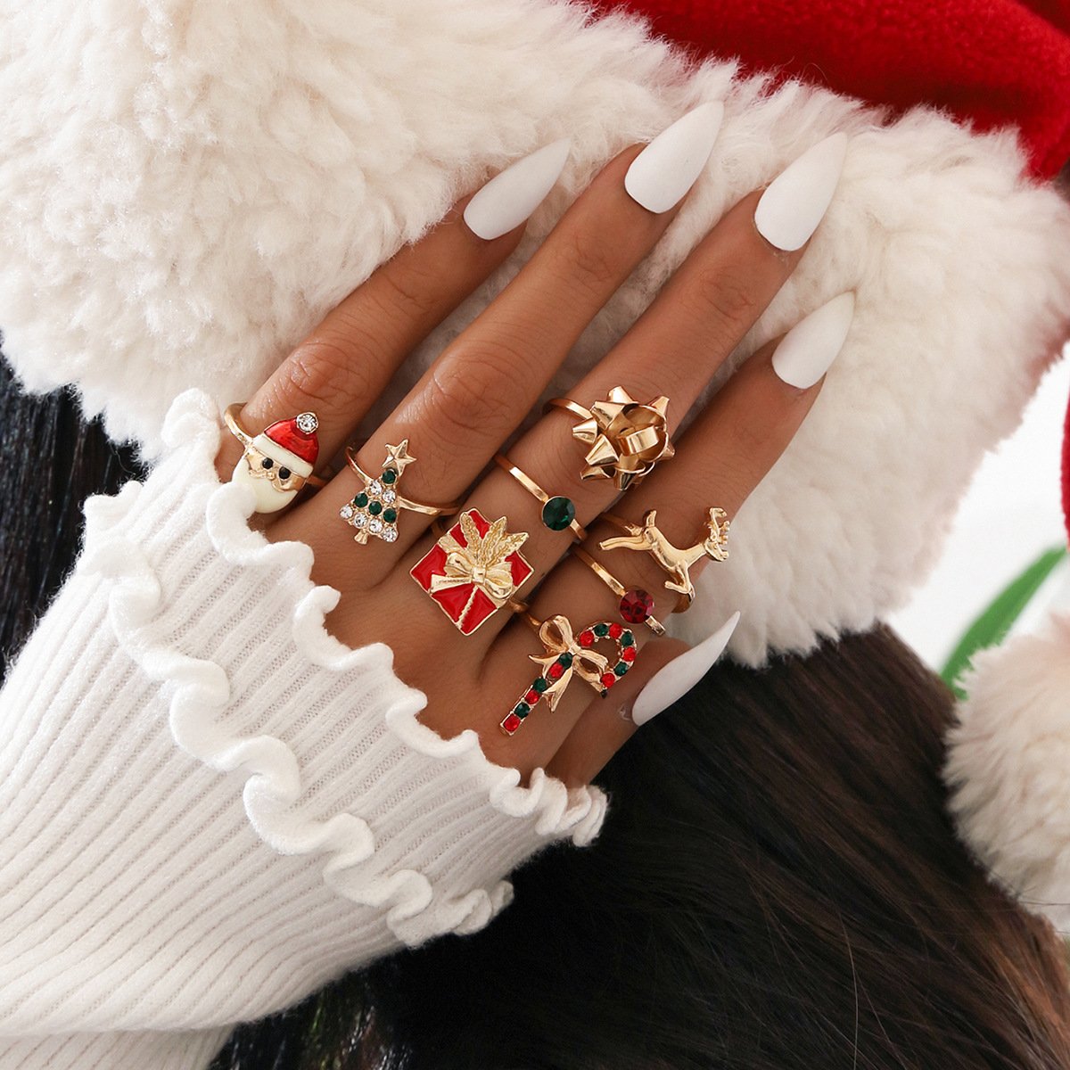 Christmas Tree Candy Cane Reindeer Ring Set 8 Pieces Jewelry Set